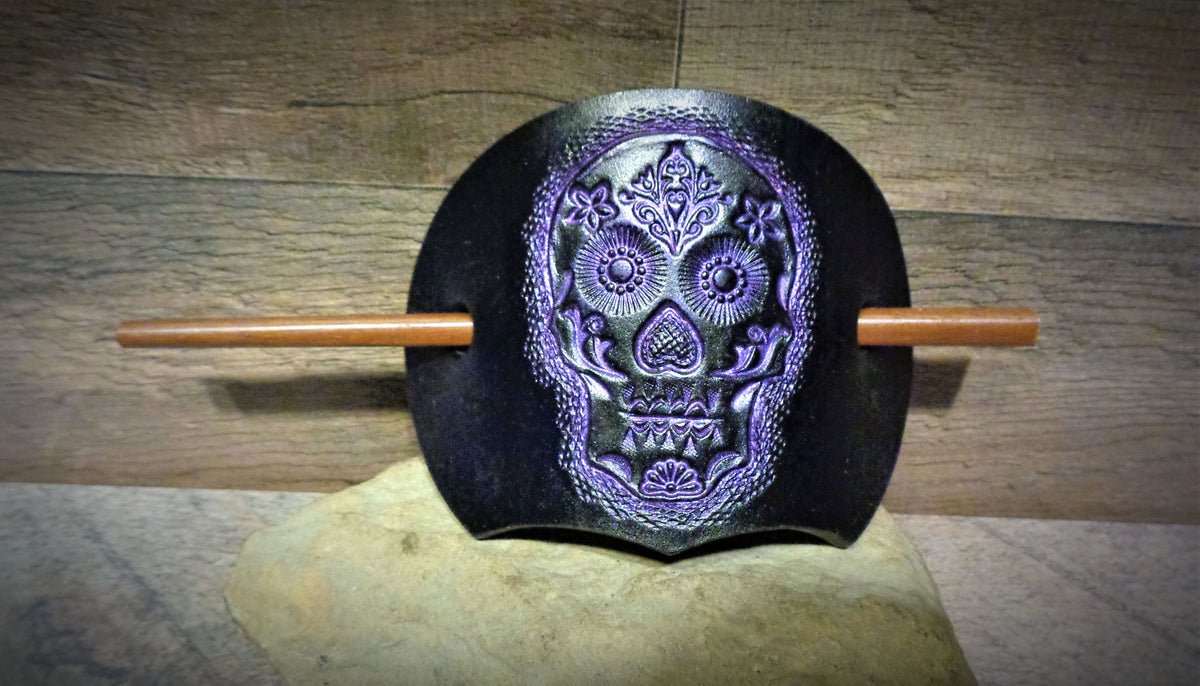 Hand Tooled Purple Sugar Skull Leather Stick Barrette – Valkyrie ...